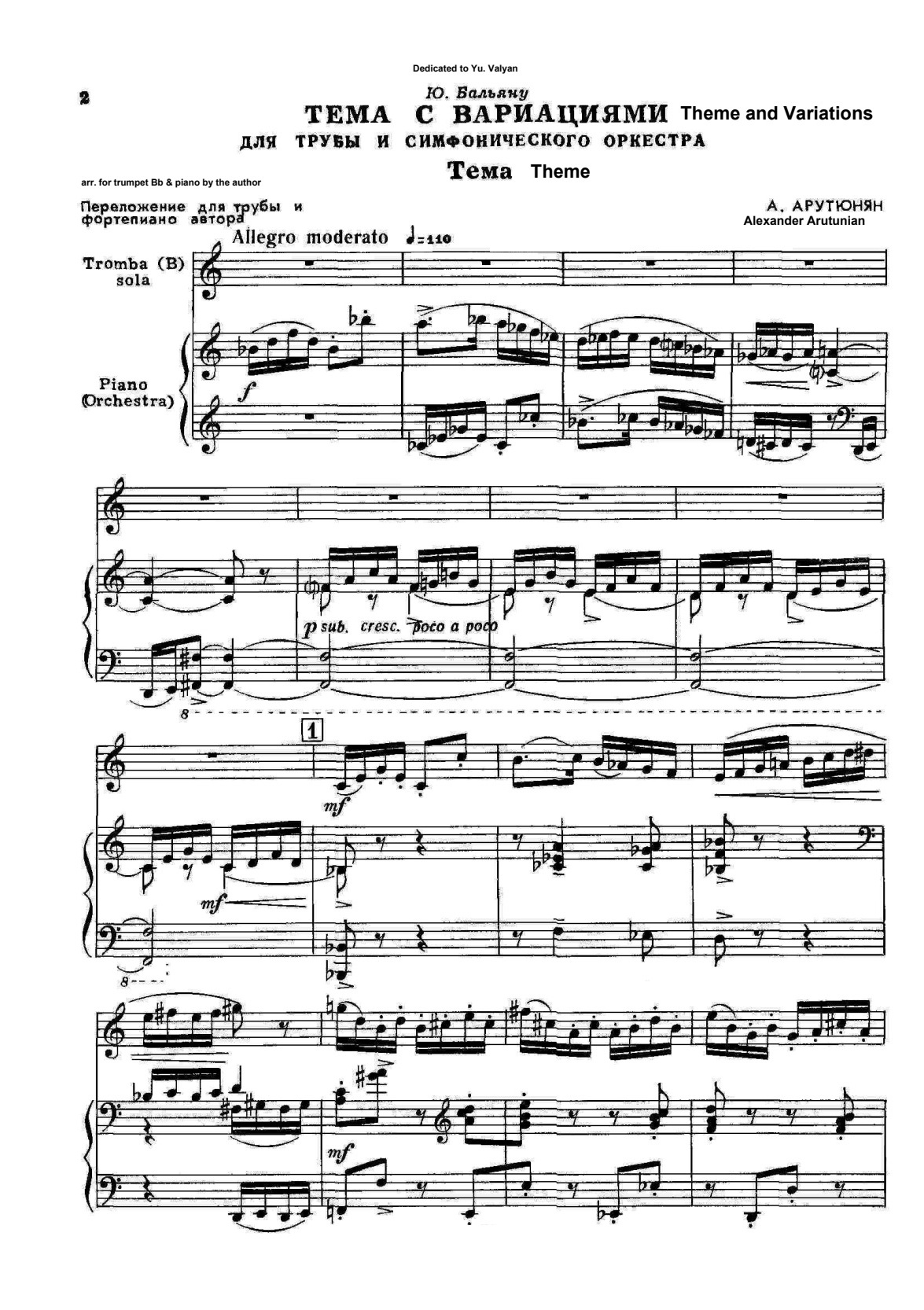 Arutiunian, Alexander – Theme & Variations for Trumpet & Orchestra